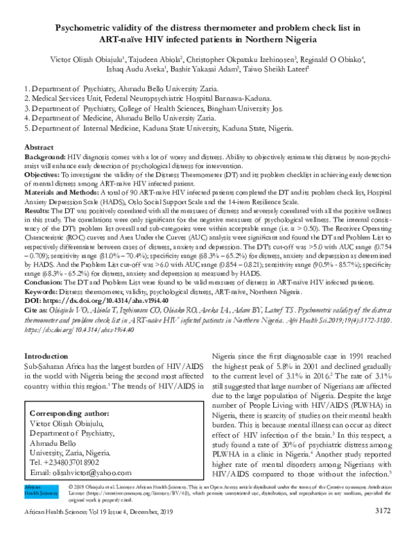 (PDF) Psychometric validity of the distress thermometer and problem ...