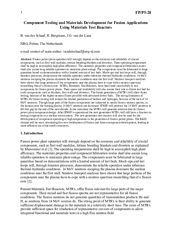(PDF) Component Testing and Materials Development for Fusion ...