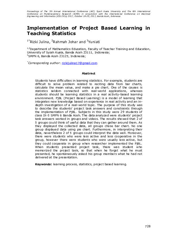 (PDF) Implementation of Project Based Learning in Teaching Statistics