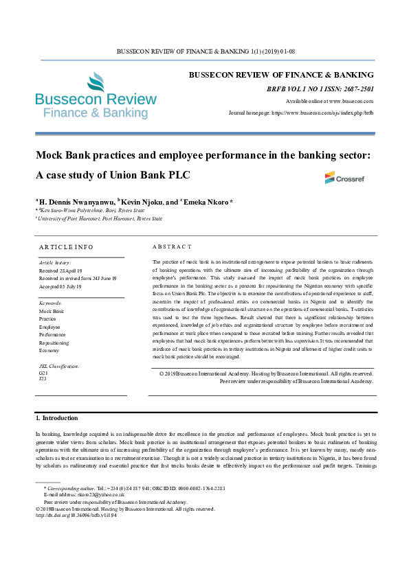(PDF) Mock Bank Practices and Employee Performance in the Banking ...