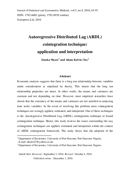 (PDF) Autoregressive Distributed Lag (ARDL) cointegration technique: application and interpretation