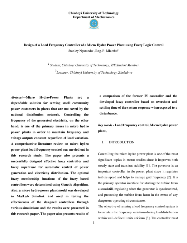Pdf Design Of A Load Frequency Controller Of A Micro Hydro Power Plant Using Fuzzy Logic Control