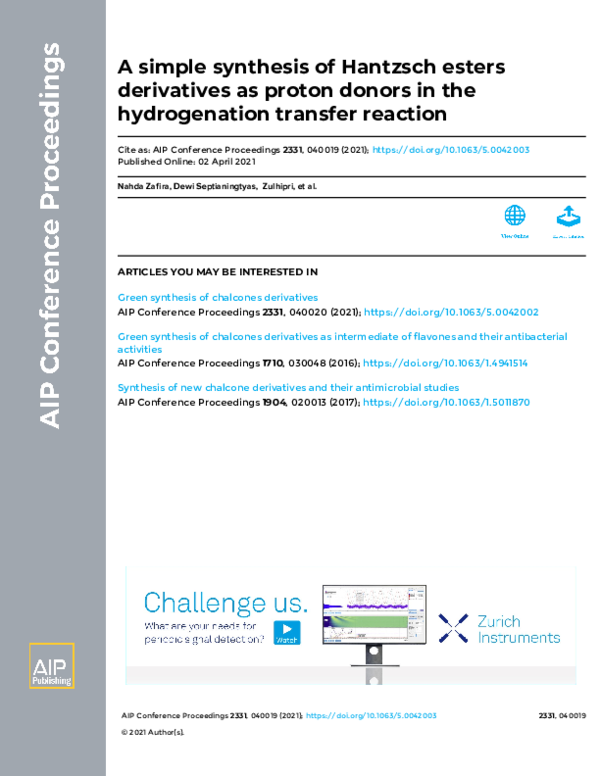 (PDF) A simple synthesis of Hantzsch esters derivatives as proton ...
