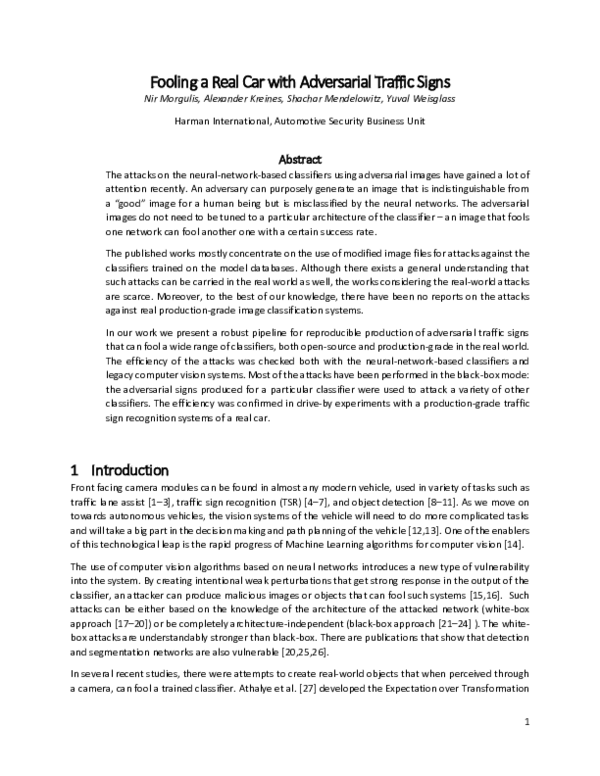 (PDF) Fooling a Real Car with Adversarial Traffic Signs