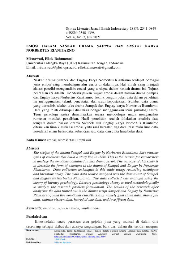 (PDF) Emosi dalam Naskah Drama Sampek dan Engtay Karya Norbertus Riantiarno