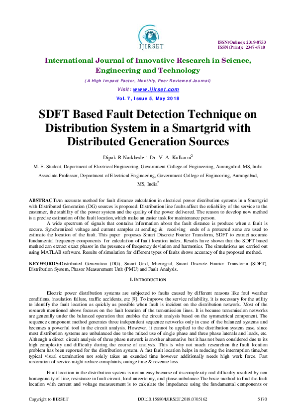 (PDF) SDFT Based Fault Detection Technique on Distribution System in a Smartgrid with ...