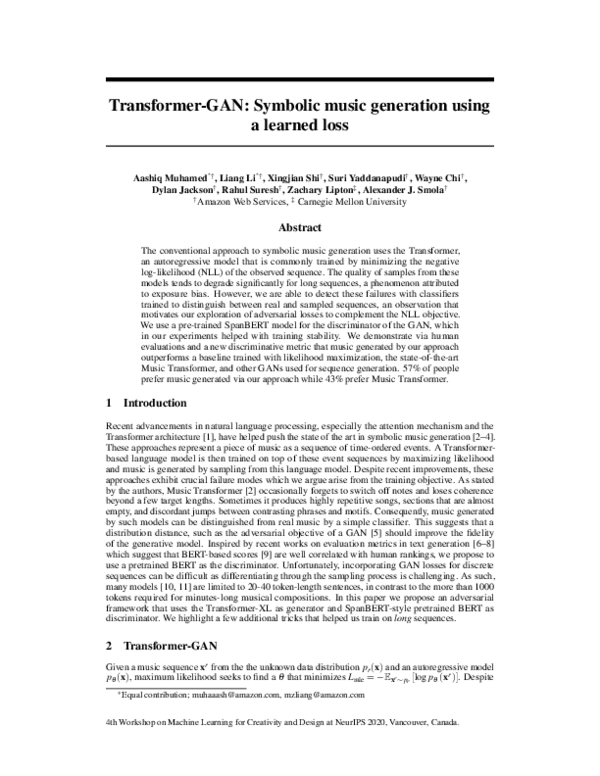 Pdf Transformer Gan Symbolic Music Generation Using A Learned Loss