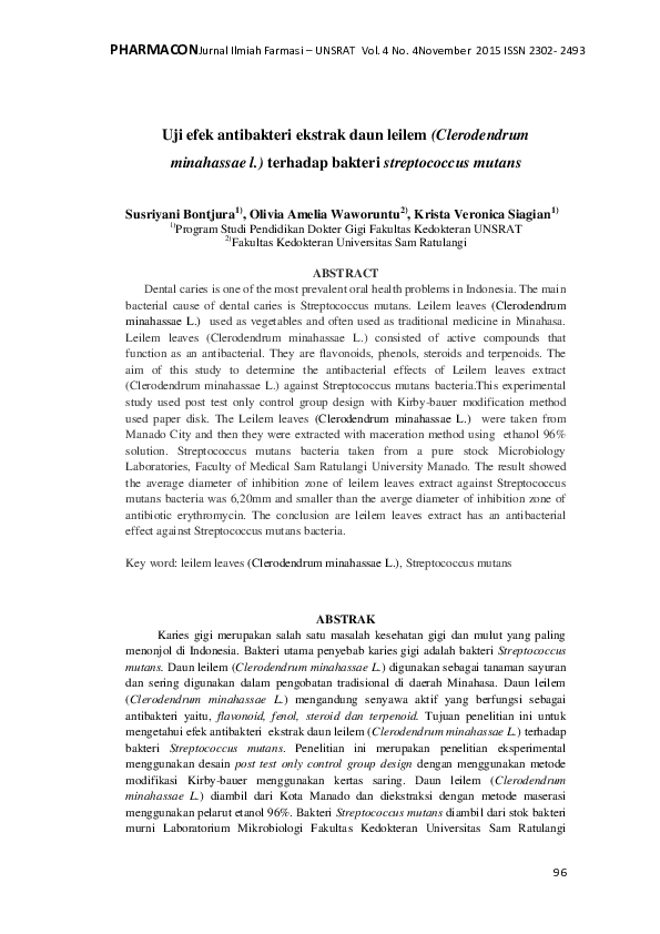 (PDF) Uji efek antibakteri ekstrak daun leilem (Clerodendrum minahassae l.) terhadap bakteri ...