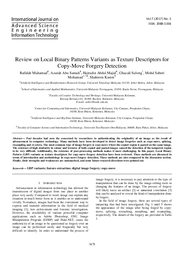 (PDF) Review on local binary patterns variants as texture descriptors for copy-move forgery ...