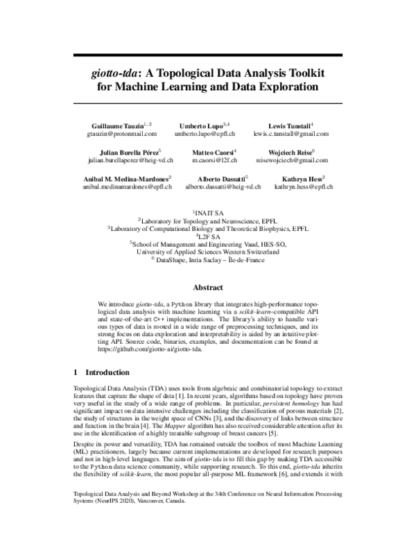 (PDF) giotto-tda: A Topological Data Analysis Toolkit for Machine Learning and Data Exploration