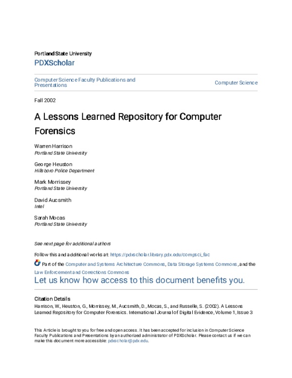 (PDF) A Lessons Learned Repository for Computer Forensics