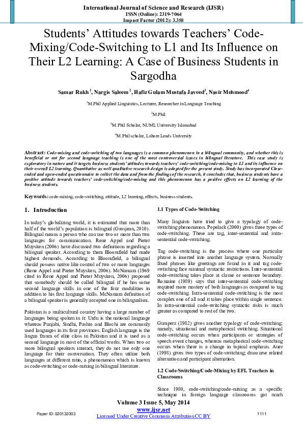 (PDF) Students’ Attitudes towards Teachers’ Code-Mixing/Code-Switching ...