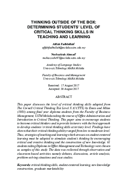 (PDF) Thinking Outside of the Box: Determining Students’ Level of ...