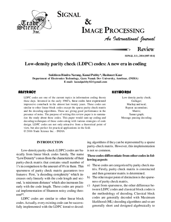 (PDF) Low-density parity check ( LDPC ) codes : A new era in coding