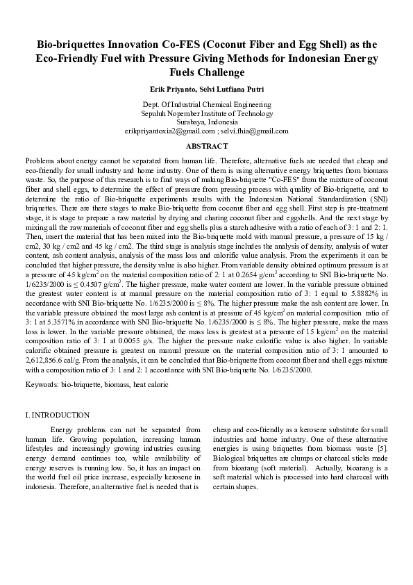 (PDF) Bio-briquettes Innovation Co-FES (Coconut Fiber and Egg Shell) as ...