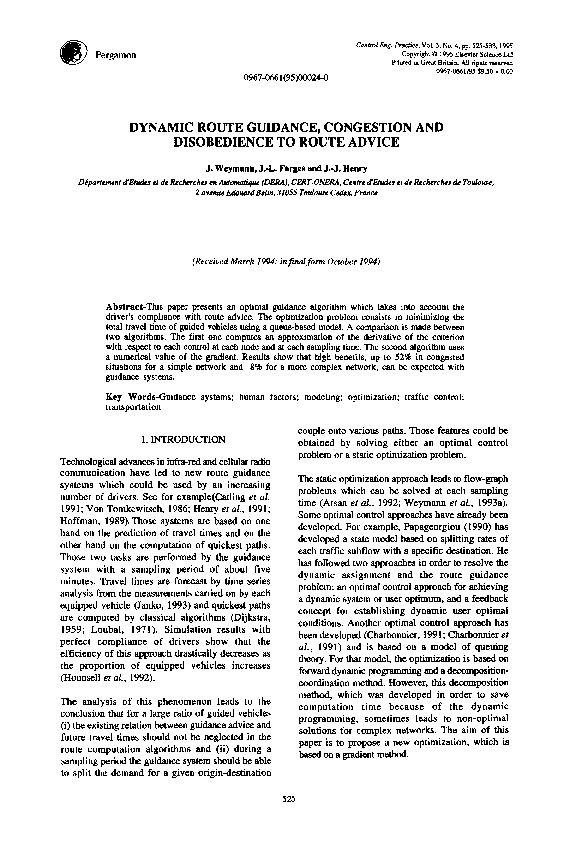 (PDF) Dynamic route guidance, congestion and disobedience to route advice