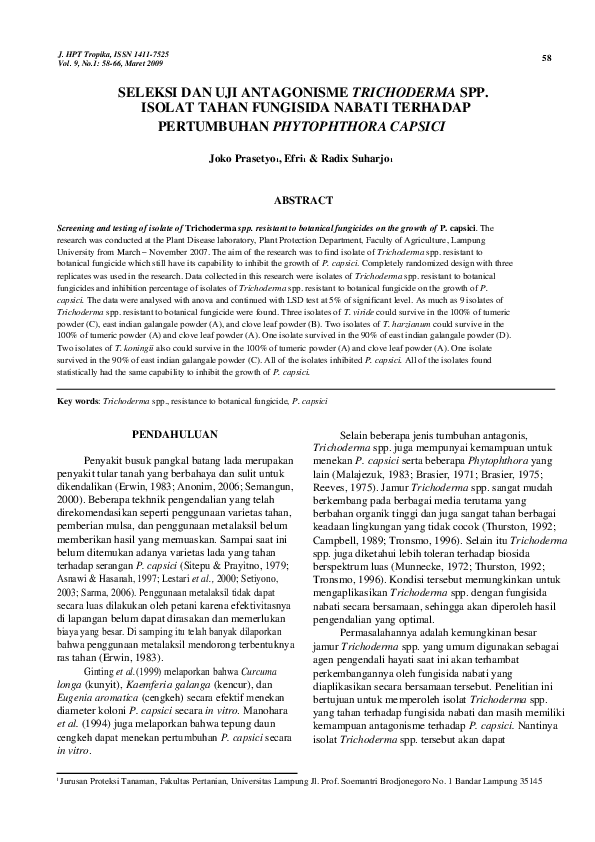 (PDF) Seleksi Dan Uji Antagonisme Trichoderma Spp. Isolat Tahan Fungisida Nabati Terhadap ...