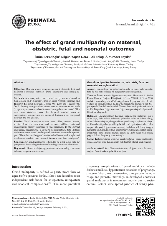(PDF) The effect of grand multiparity on maternal, obstetric, fetal and ...