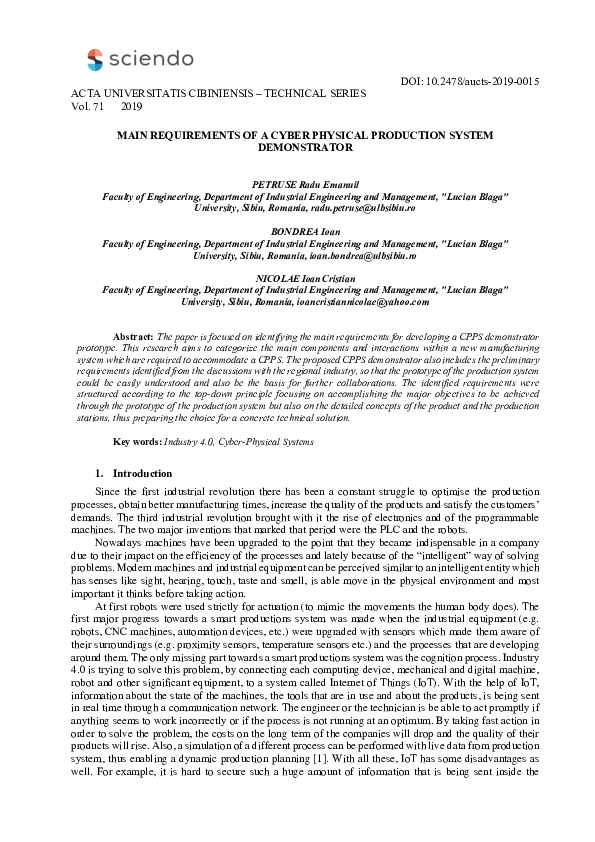 (PDF) Main Requirements of a Cyber Physical Production System Demonstrator