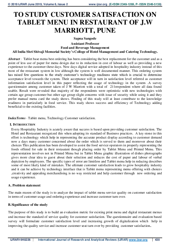 (PDF) To Study Customer Satisfaction on Tablet Menu in Restaurant of J ...