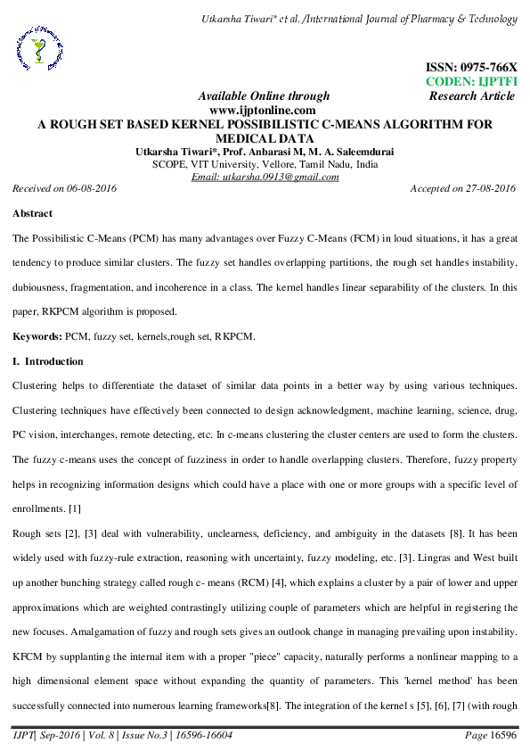 Pdf A Rough Set Based Kernel Possibilistic C Means Algorithm For