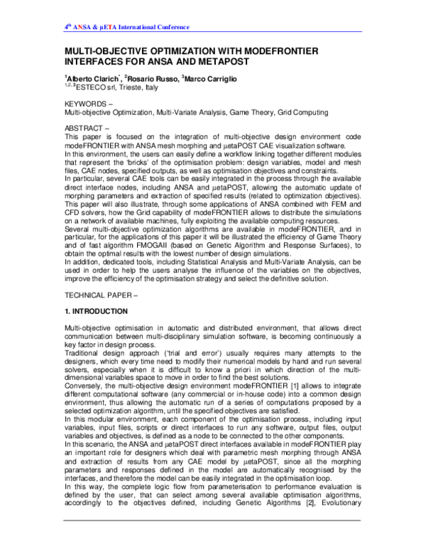 (PDF) Multi-Objective Optimization with Modefrontier Interfaces for ...