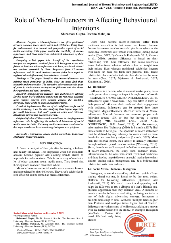 (PDF) Role of Micro-Influencers in Affecting Behavioural Intentions