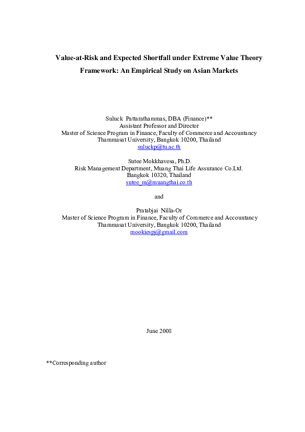(PDF) Value-at-Risk and Expected Shortfall under Extreme Value Theory Framework : An Empirical ...