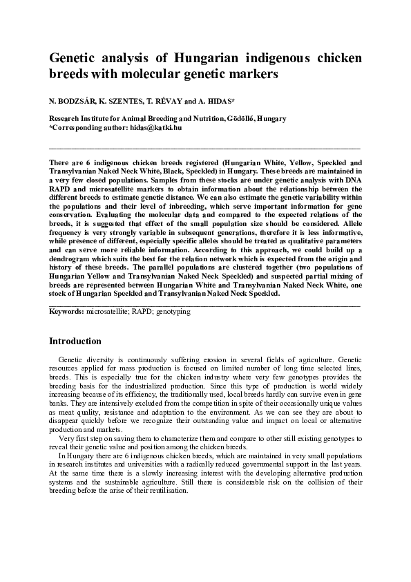 (PDF) Genetic analysis of Hungarian indigenous chicken breeds with ...