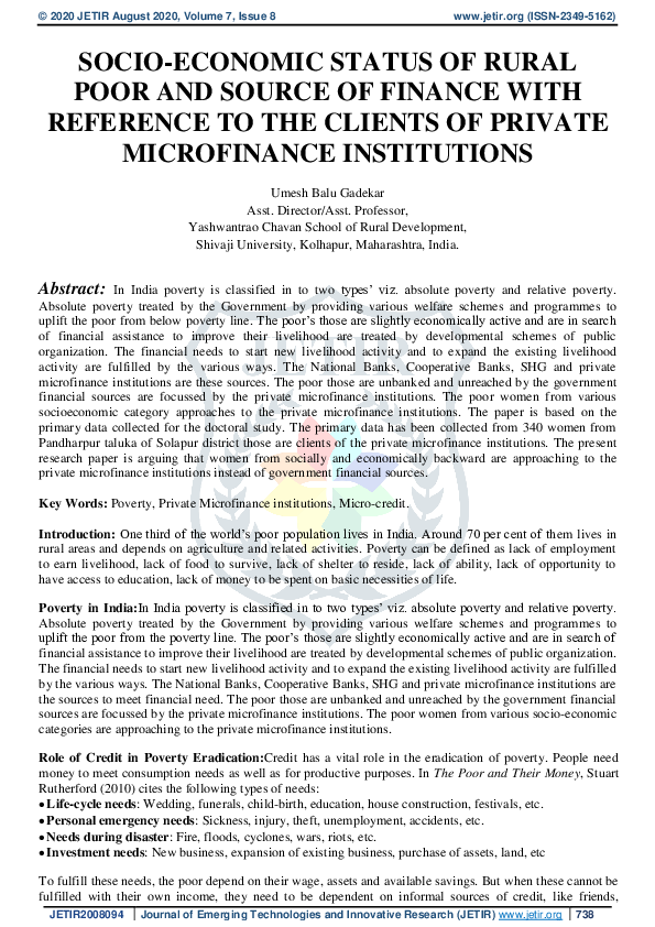 (PDF) Socio-Economic Status of Rural Poor and Source of Finance with ...