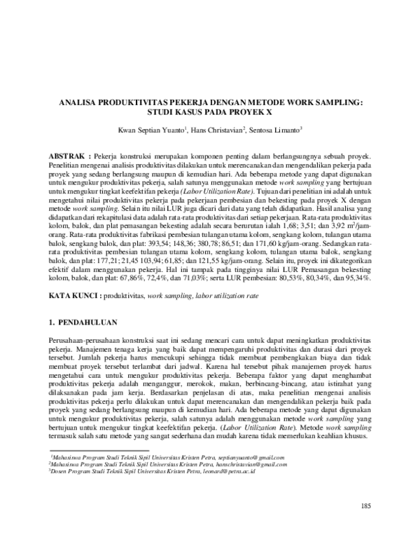 (PDF) Analisa Produktivitas Pekerja Dengan Metode Work Sampling: Studi ...