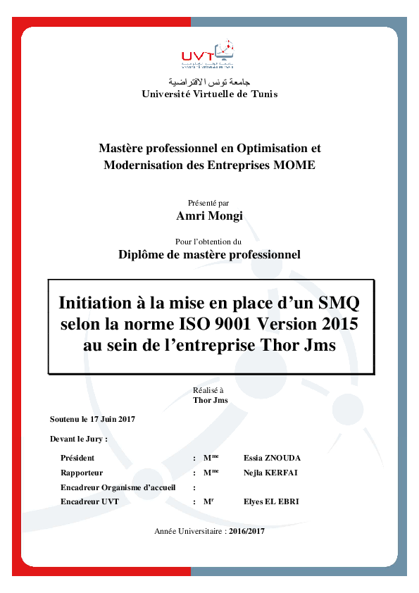 (PDF) Initiation à la mise en place d’un SMQ selon la norme ISO 9001 Version 2015 au sein de l ...