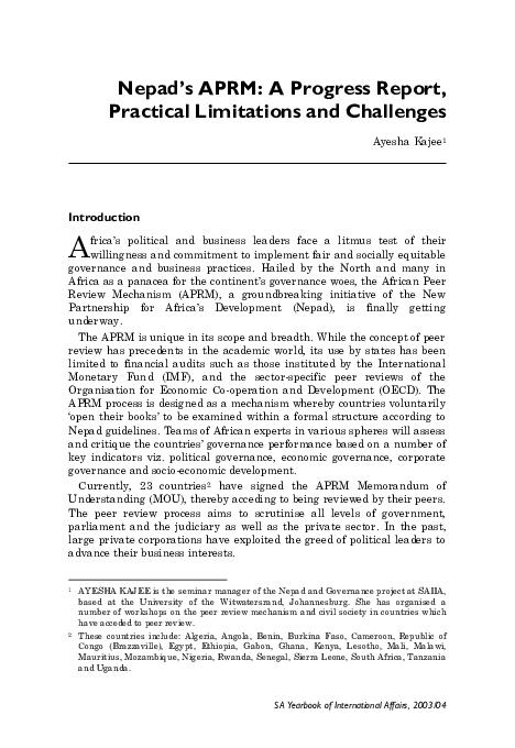 (PDF) Nepad ’ s APRM : A Progress Report , Practical Limitations and ...
