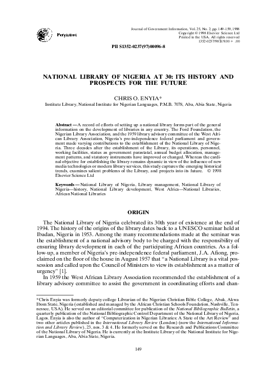 (PDF) National library of nigeria at 30: its history and prospects for ...