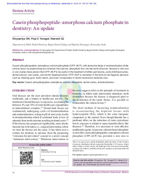 Pdf Casein Phosphopeptide Amorphous Calcium Phosphate In Dentistry An Update