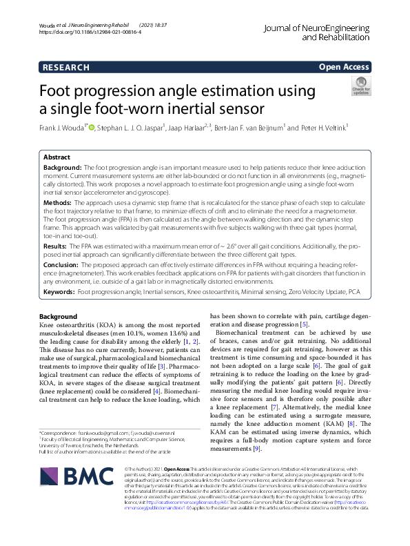 Pdf Foot Progression Angle Estimation Using A Single Foot Worn Inertial Sensor Frank J Wouda