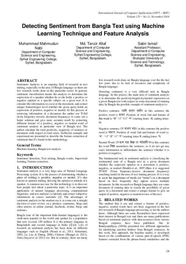 (PDF) Detecting Sentiment from Bangla Text using Machine Learning Technique and Feature Analysis