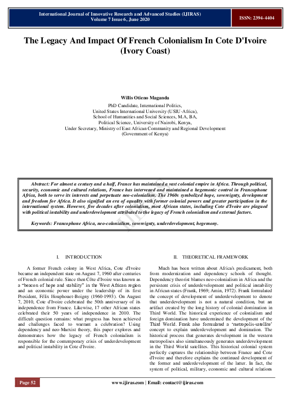(PDF) The Legacy And Impact Of French Colonialism In Cote D'Ivoire ...