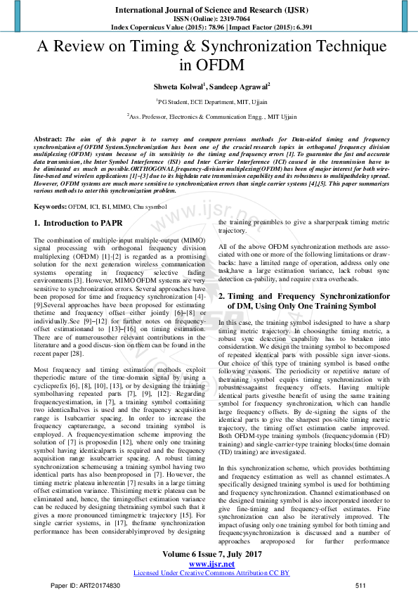 (PDF) A Review on Timing & Synchronization Technique in OFDM