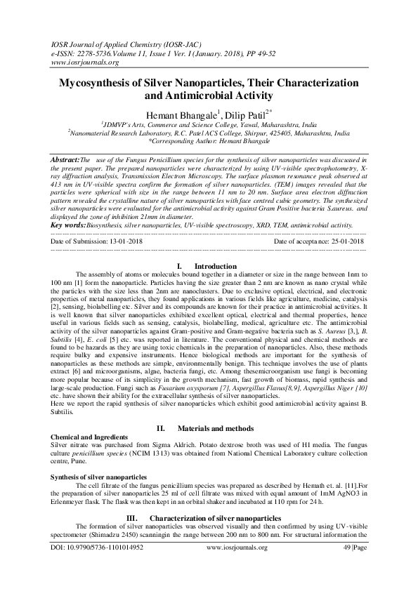 (PDF) Mycosynthesis of Silver Nanoparticles , Their Characterization and Antimicrobial Activity