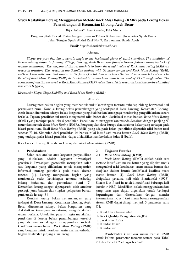 (PDF) Studi Kestabilan Lereng Menggunakan Metode Rock Mass Rating (RMR) pada Lereng Bekas ...