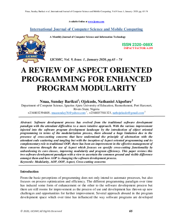 Pdf A Review Of Aspect Oriented Programming For Enhanced Program Modularity