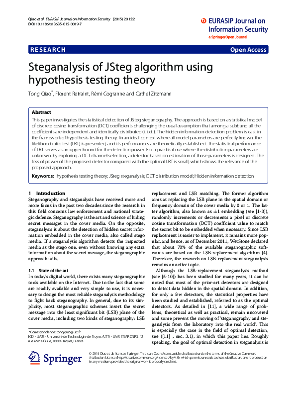 Pdf Steganalysis Of Jsteg Algorithm Using Hypothesis Testing Theory