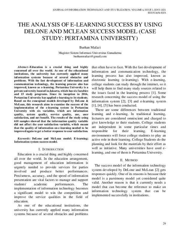 (PDF) The Analysis of E-Learning Success by Using Delone and McLean ...