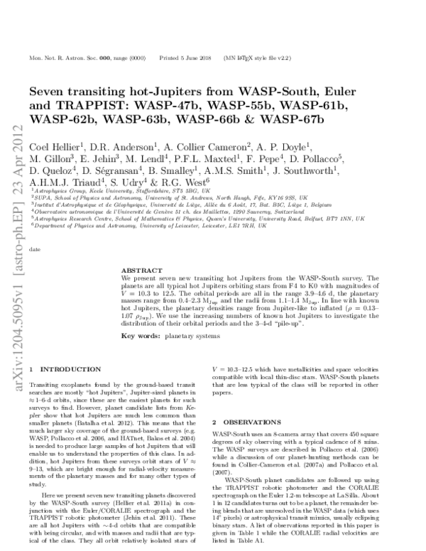 (PDF) Seven transiting hot-Jupiters from WASP-South, Euler and TRAPPIST ...