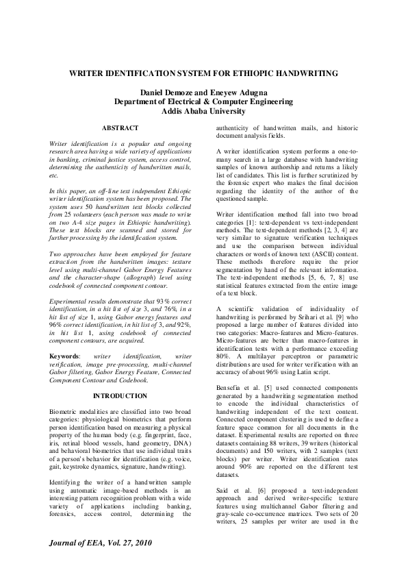 Pdf Writer Identification System For Ethiopic Handwriting