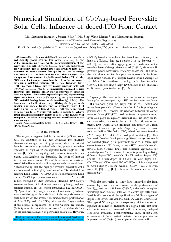 (PDF) Numerical Simulation of CsSnI3-based Perovskite Solar Cells: Influence of doped-ITO Front ...