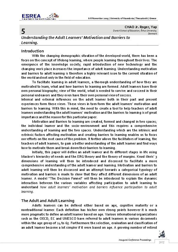 (PDF) Understanding the Adult Learners Motivation and Barriers to Learning