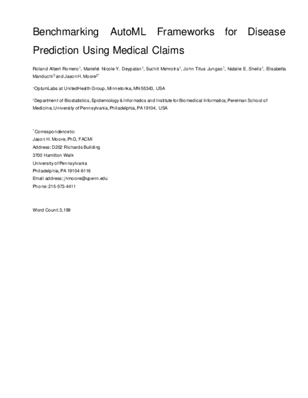 Pdf Benchmarking Automl Frameworks For Disease Prediction Using