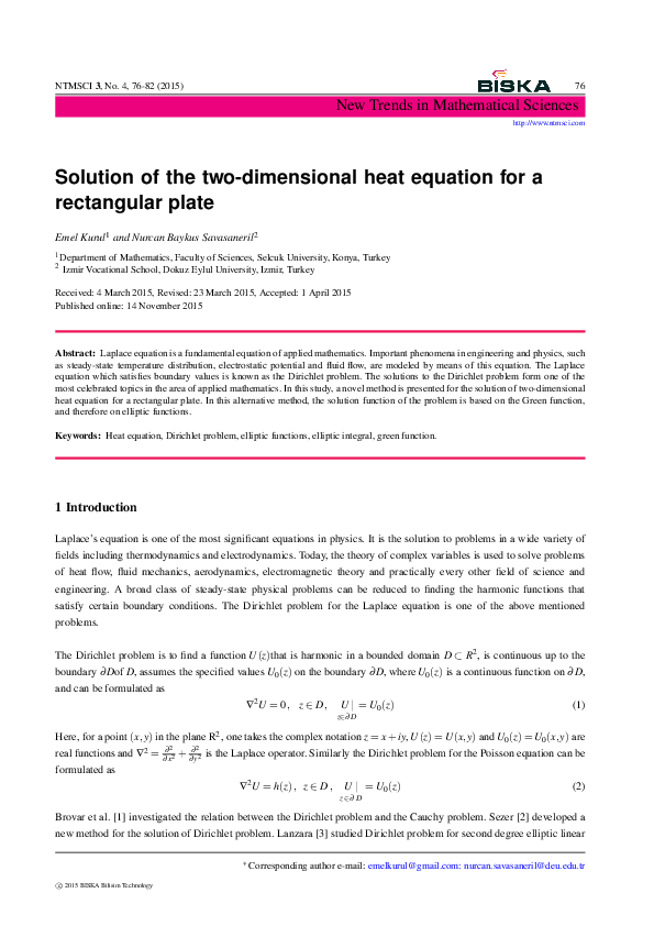 (PDF) Solution of the two-dimensional heat equation for a rectangular plate